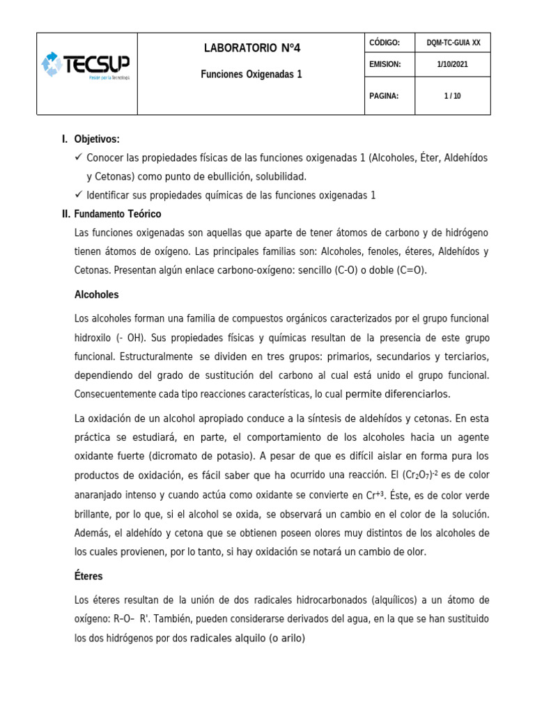 Guía de Laboratorio 4. Funciones Oxigenasa 1 | PDF | Éter | Cetona