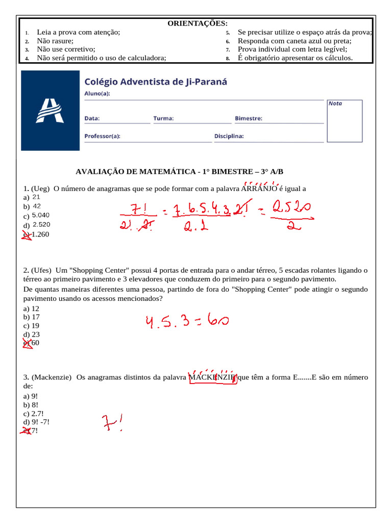 Provas - 1° Bimestre 2025 3ab | PDF
