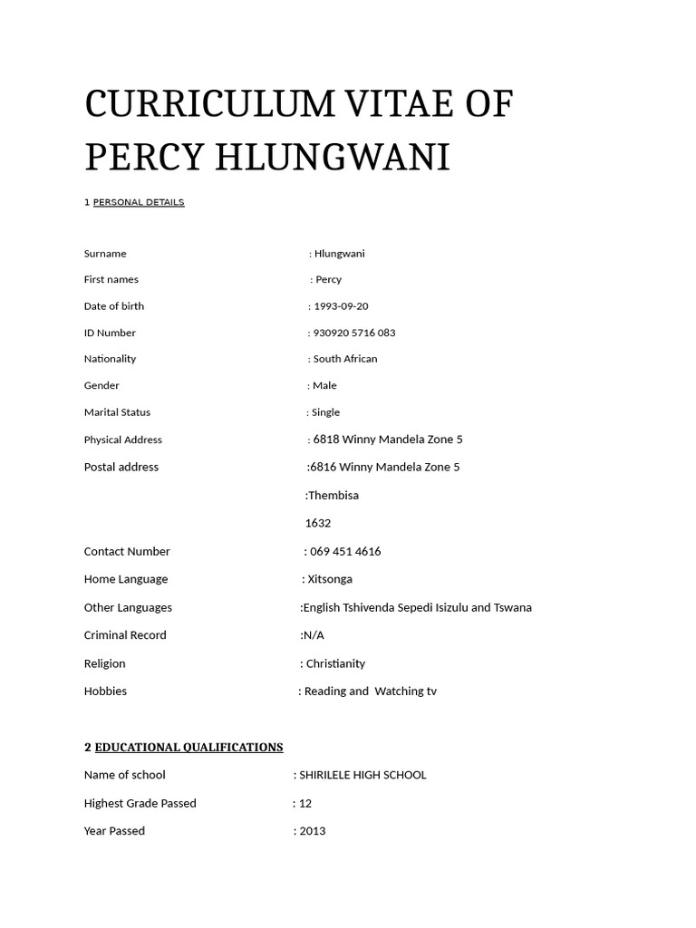 Percy CV JHB | PDF