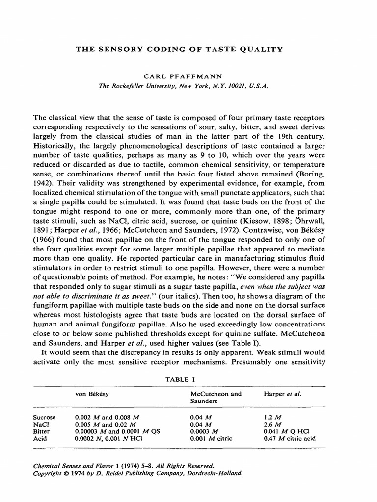 (1974) (A) The Sensory Coding of Taste Quality (Pfaffmann) | PDF ...