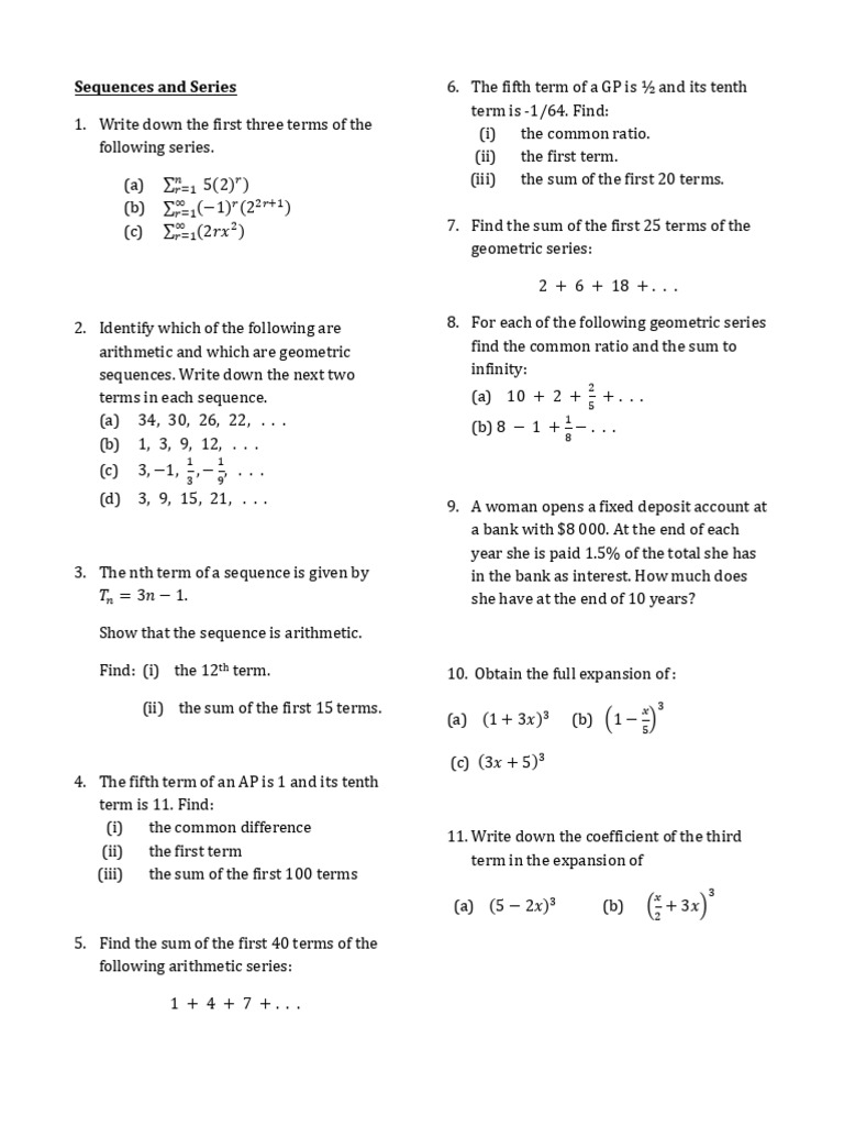 Sequences and Series Worksheet | PDF | Algebra | Numbers