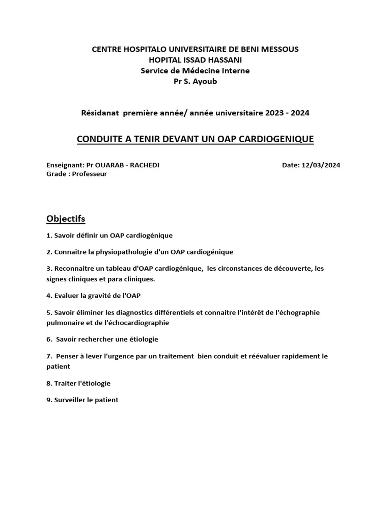 OAP Cardiogénique : Conduite et Évaluation | PDF | Insuffisance ...
