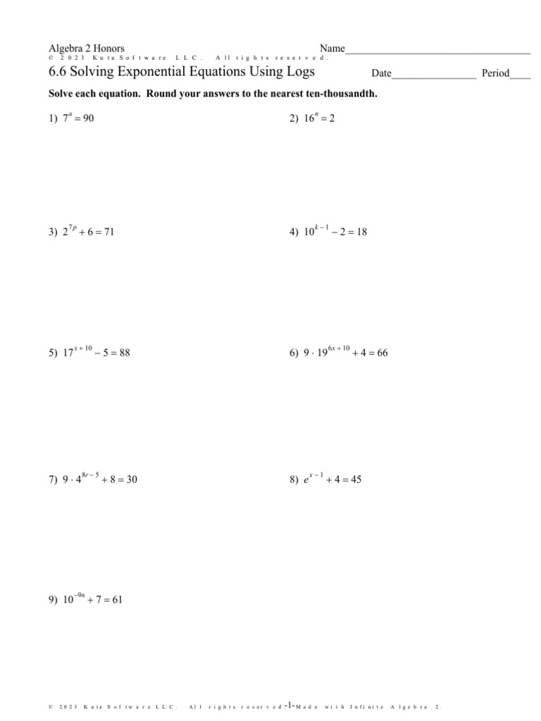 Infinite Algebra 2 - 6.6 Solving Exponential Equations Using Logs | PDF ...