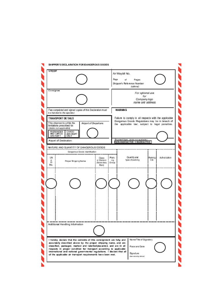 Declaration of Dangerous Goods Example Form - 0 | PDF | Dangerous Goods