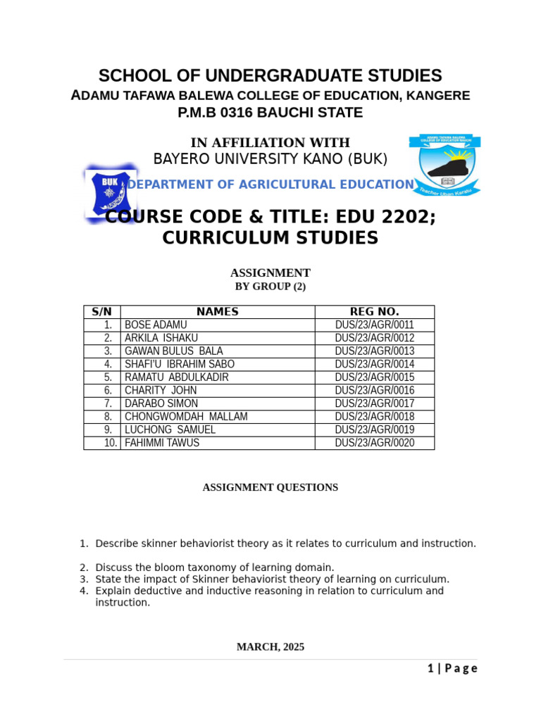 Curriculum Studies Group 2 Agric Education | PDF | Reinforcement | Learning
