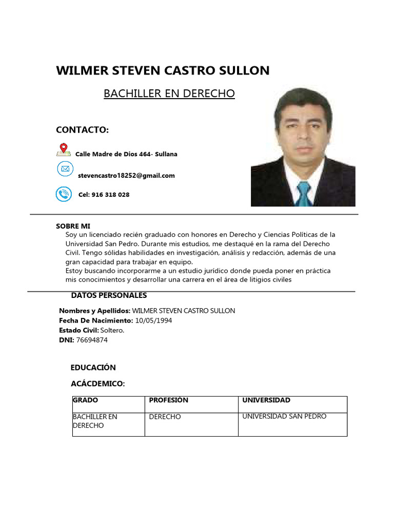 Cv. Wilmer Steven Castro Sullon | PDF | Abogado