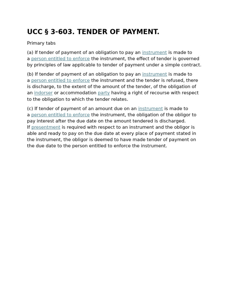 UCC 3-603 Tender of Payment | PDF