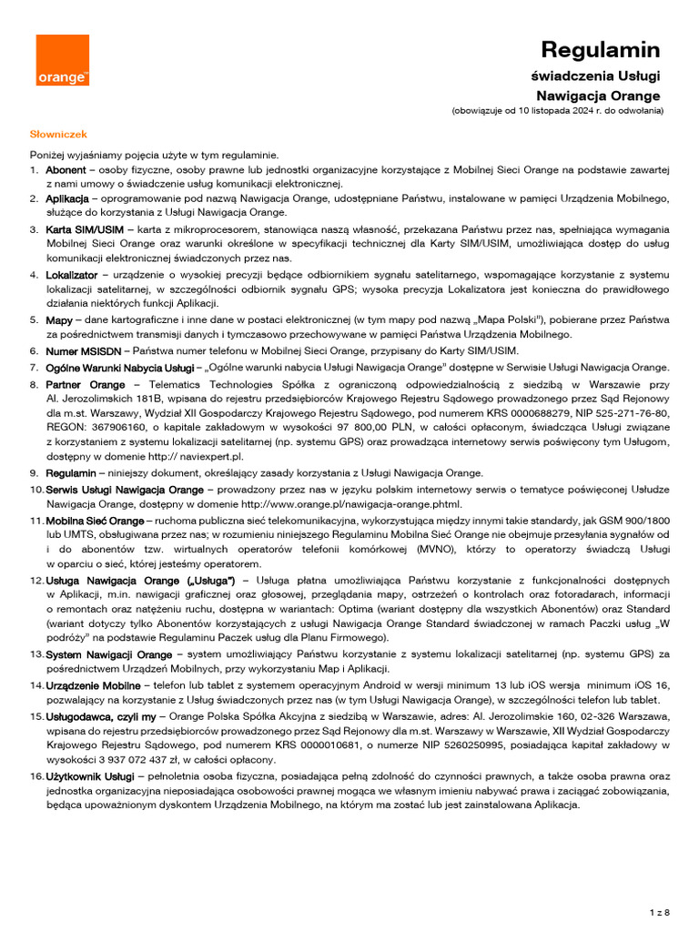 Regulamin _wiadczenia us_ugi Nawigacja Orange | PDF