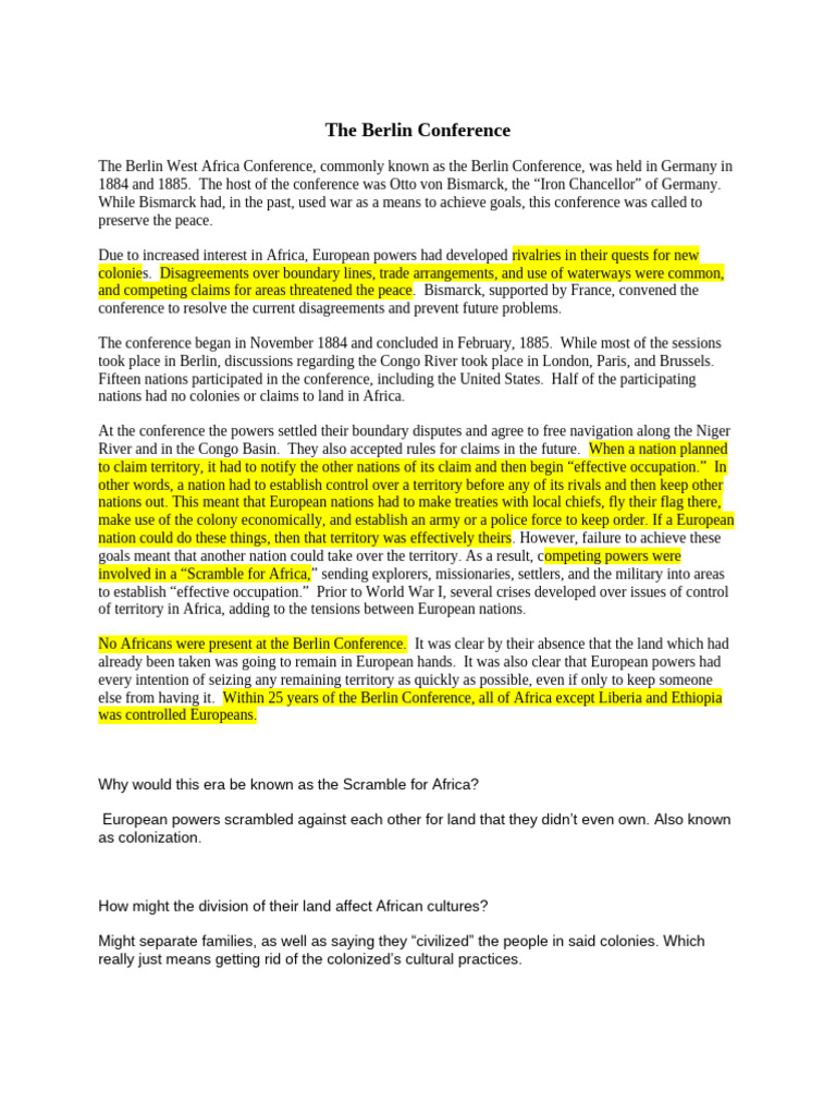 Cayson Brown - Berlin Conference Reading and Questions - 5509148 | PDF ...