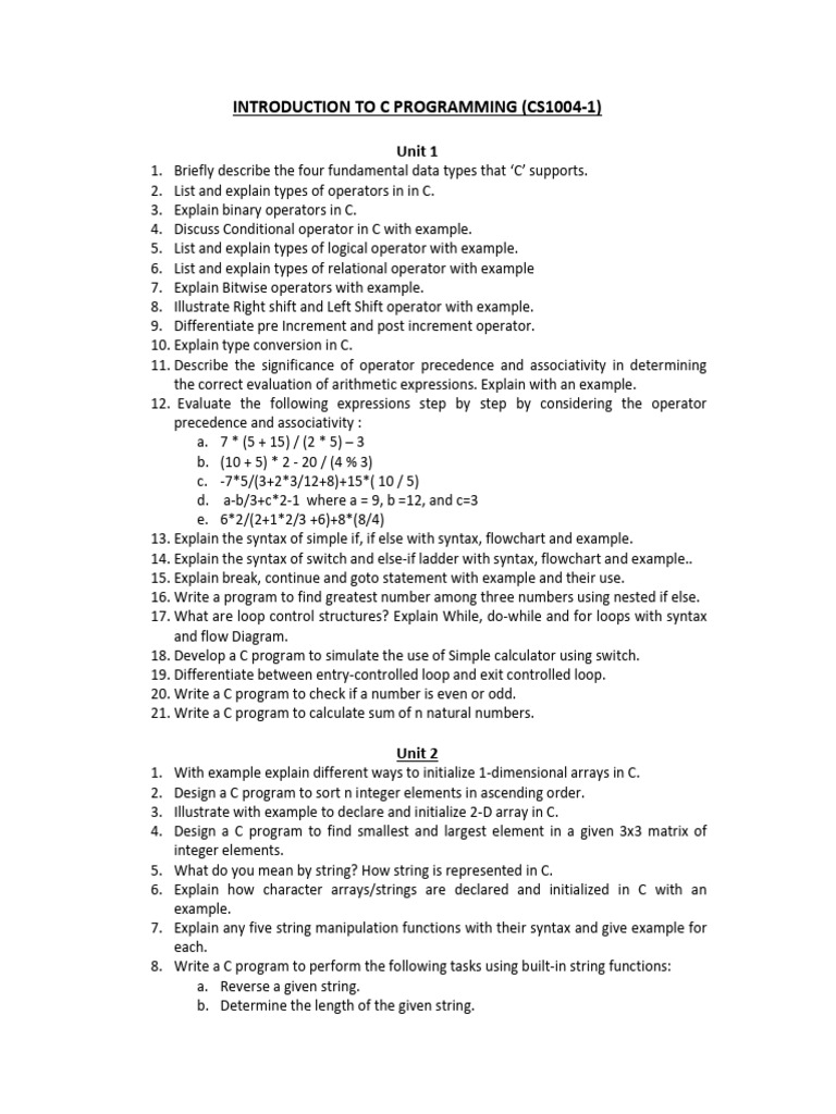 INTRODUCTION - TO - C - PROGRAMMING - Question Bank - Unit1 - To - 3 - & - Lab - Program - List ...