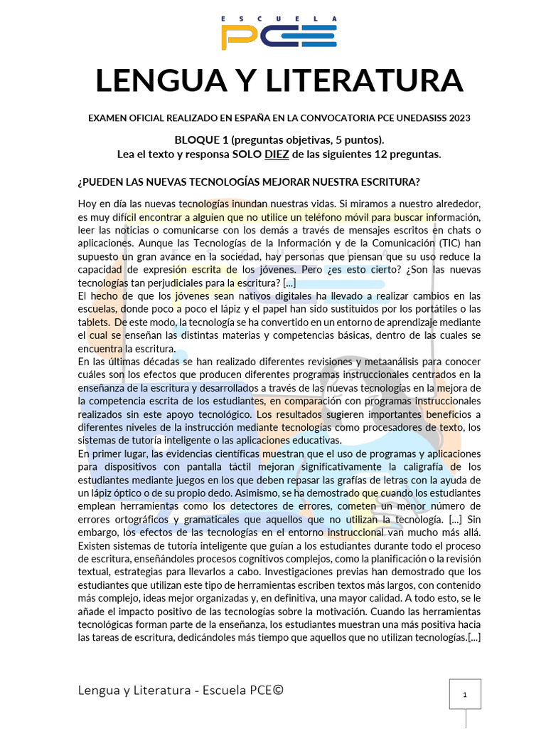 Lengua Examen 2023 Escuela PCE Soluciones | PDF | Tecnología de ...