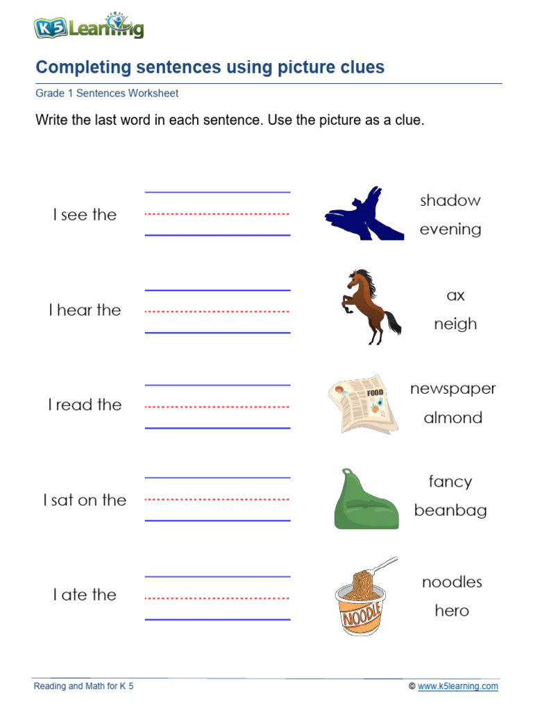 Completing Sentences Usi1ng Picture Clues Worksheet | PDF