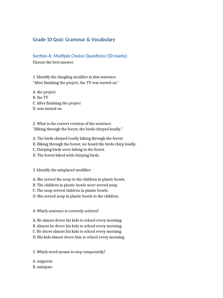 Grade10 Quiz Grammar Vocabulary | PDF