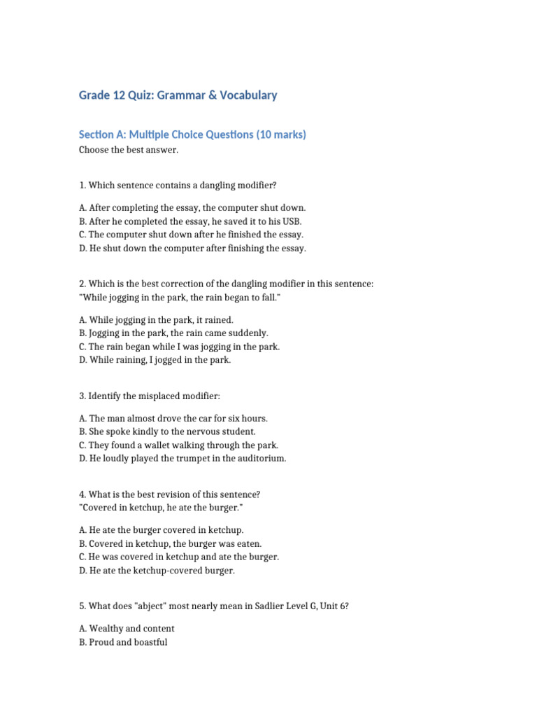 Grade 12 Grammar & Vocabulary Answer Key | PDF