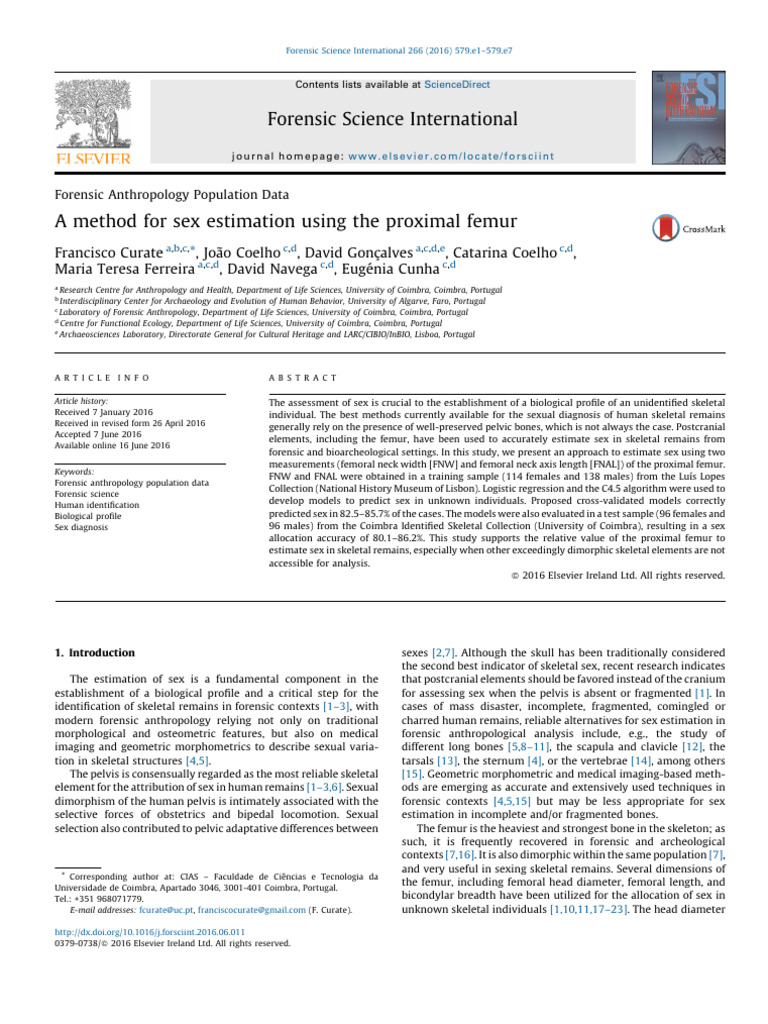 Curate Et Al 2016 A Method For Sex Estimation Femur Pdf Receiver Operating Characteristic