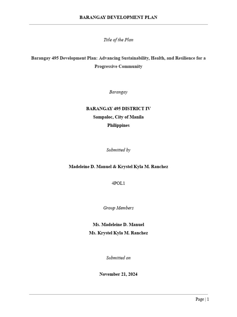 Brgy. Development Plan - Manuel & Ranchez (4POL1) | PDF | Disaster Risk Reduction | Sustainability