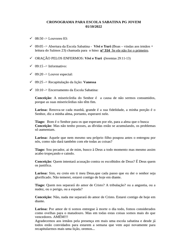 Cronograma Escola Sabatina PG Jovem | PDF