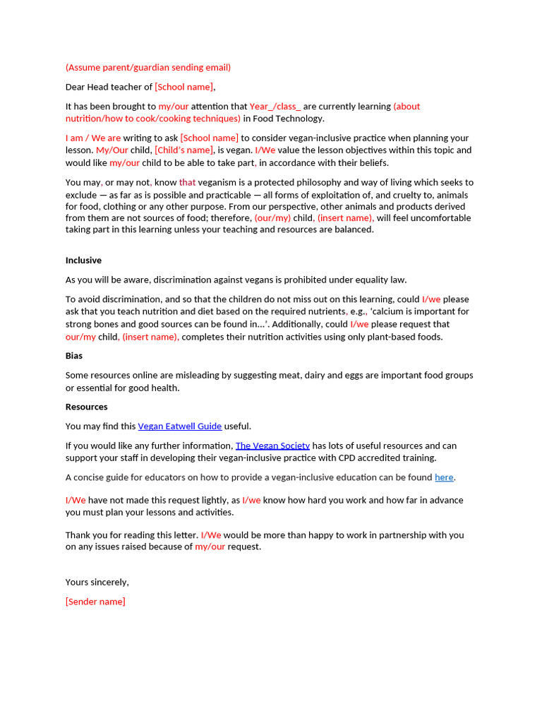 Food Curriculum Letter | PDF