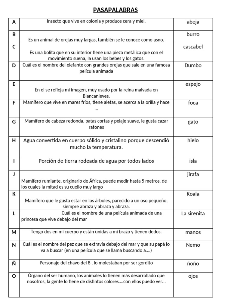 PASAPALABRAS de 4 A 7. | PDF | Mamíferos