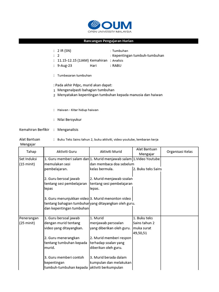 RPH 9 Aug - Sains Tahun 2IR (Tumbuhan) | PDF