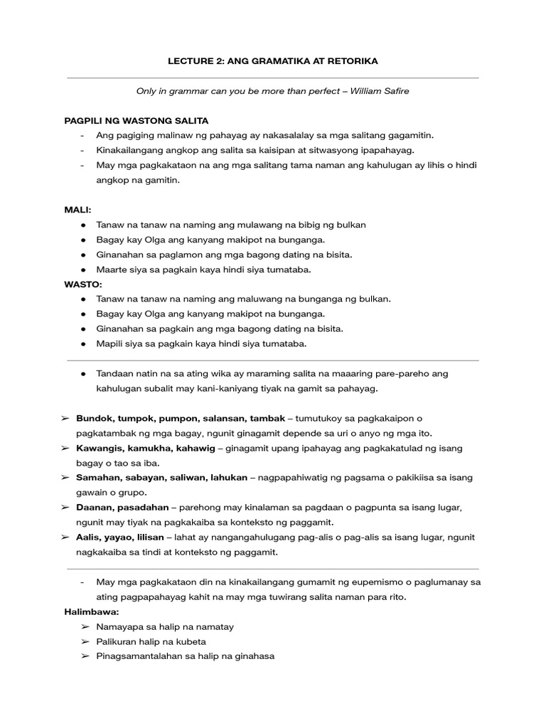 Ang Gramatika at Retorika | PDF