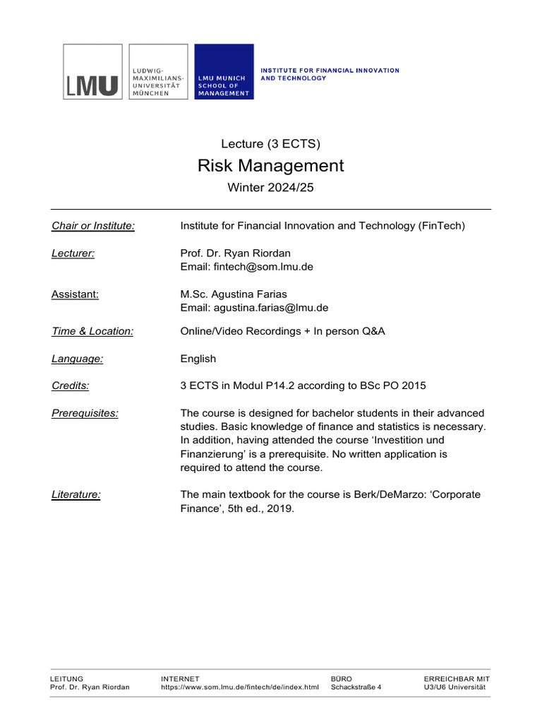 Syllabus RiskManagement WS2425 | PDF | Option (Finance) | Black–Scholes Model