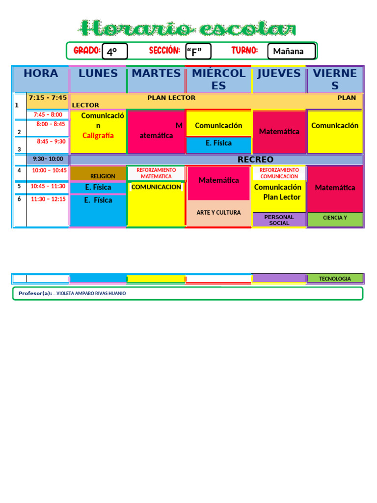 Horario Escolar 4° "F" | PDF