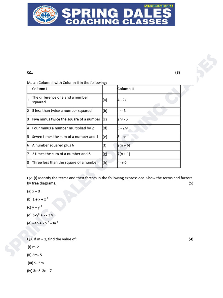 Algebraic Expressions Test | PDF