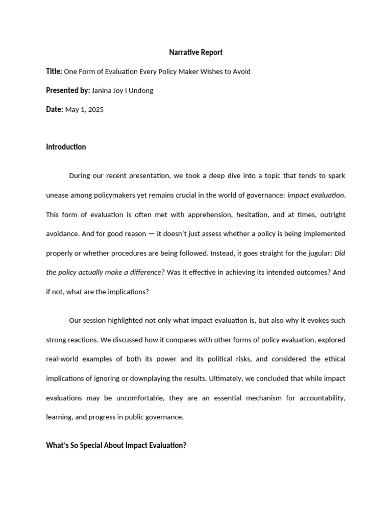 NARRATIVE REPORT - Janina Joy I Undong | PDF | Evaluation | Policy