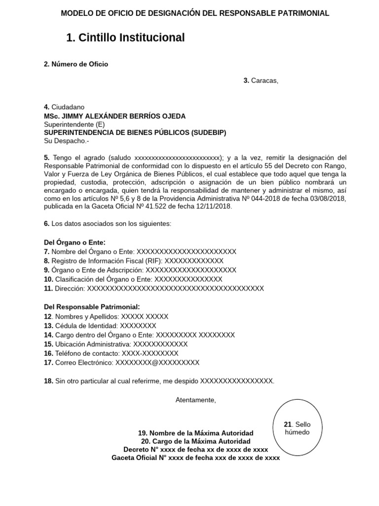 Modelo De Oficio De Designación De Responsable Patrimonial Con