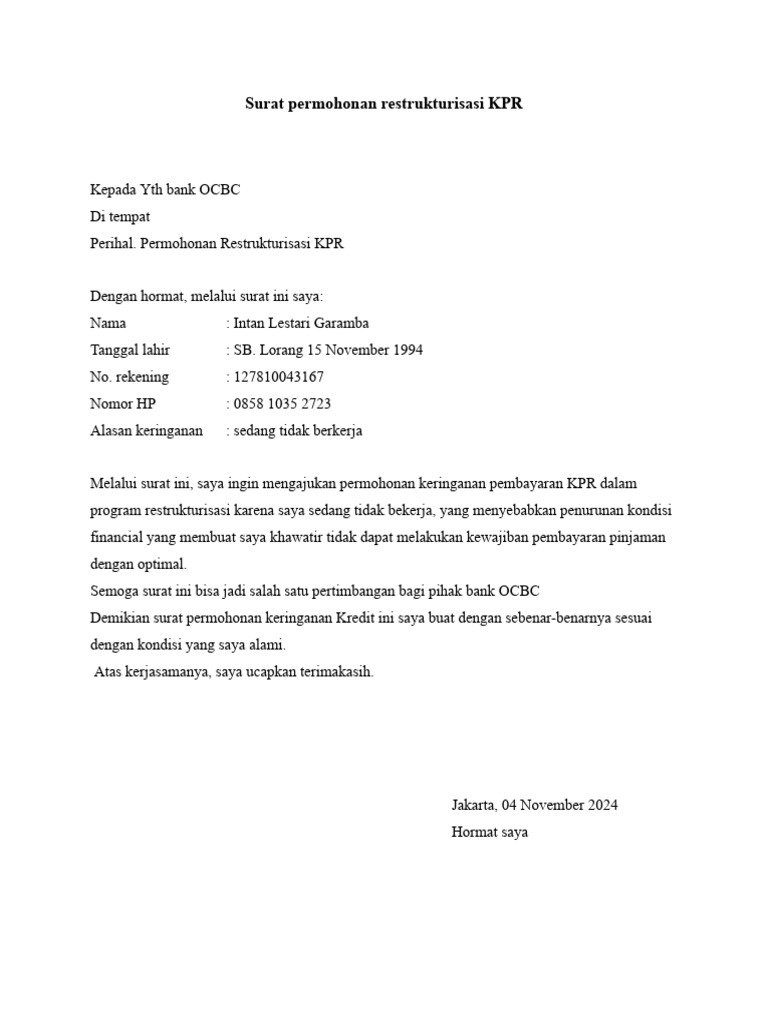 Surat Permohonan Restrukturisasi KPR-6 | PDF