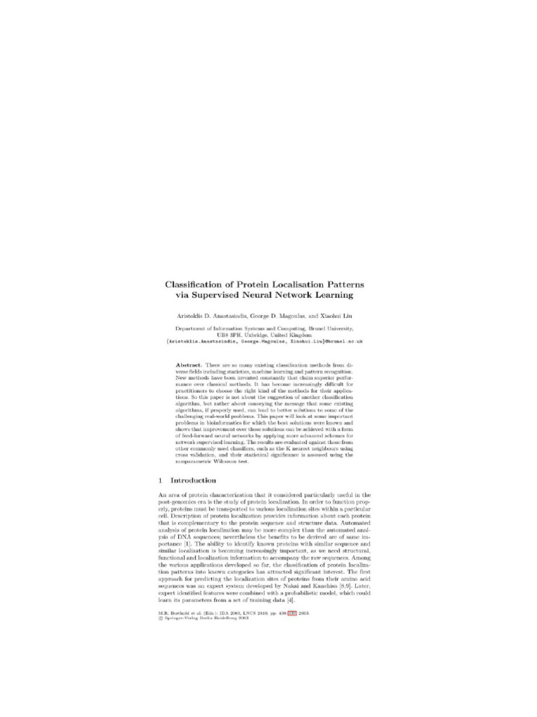 Lncs 2810 Classification Of Protein Localisation Patterns Via Supervised Neural Network Learning