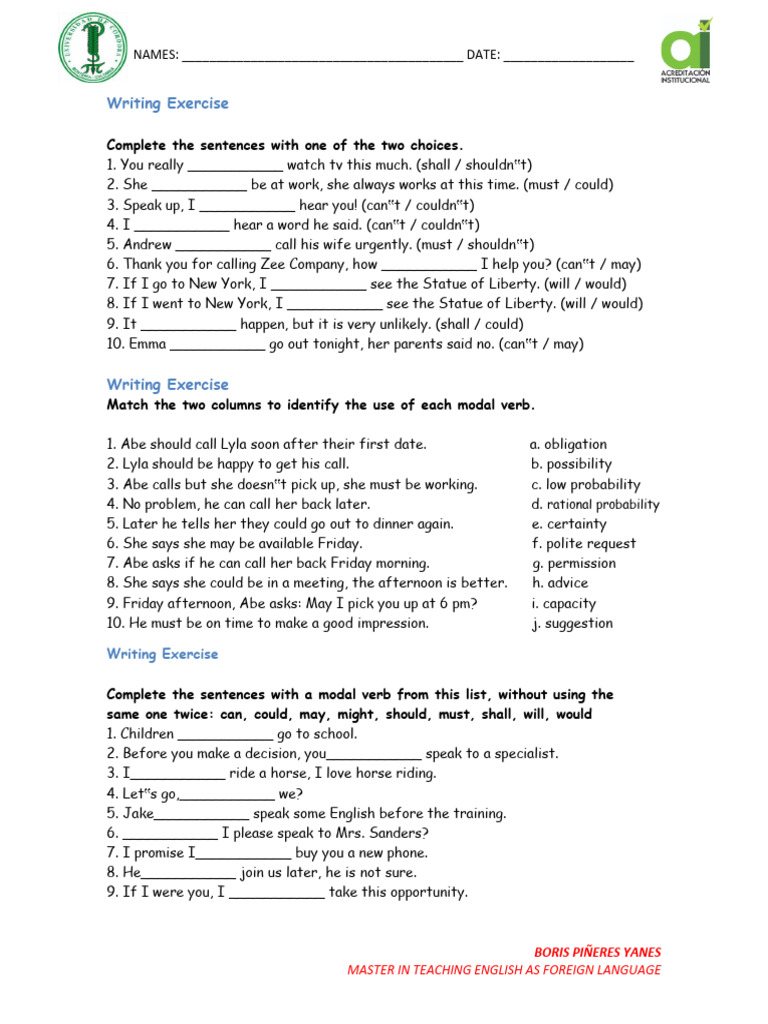 Modal Verbs Worksheet G | PDF | Linguistics