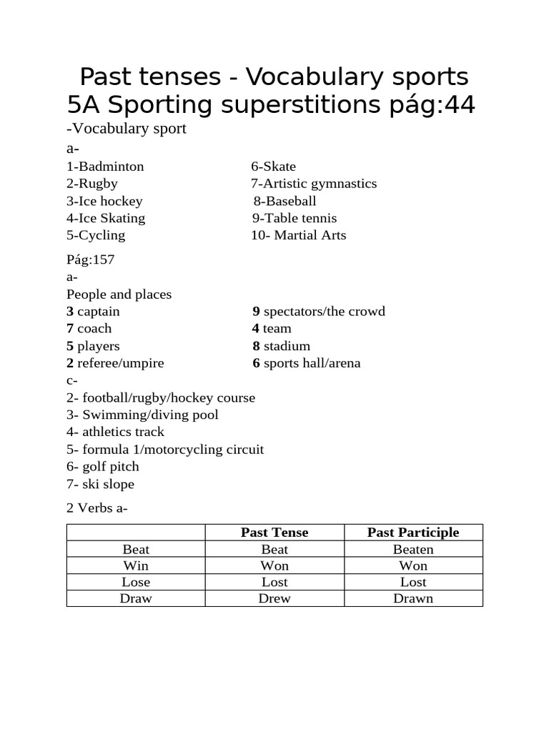 Past Tenses-Vocabulary Sports | PDF