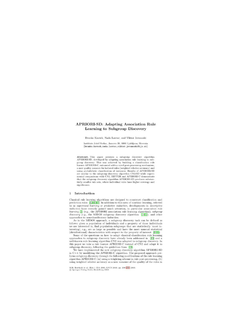 LNCS 2810 APRIORI SD Adapting Association Rule Learning To Subgroup Discovery 1st Edition by ...