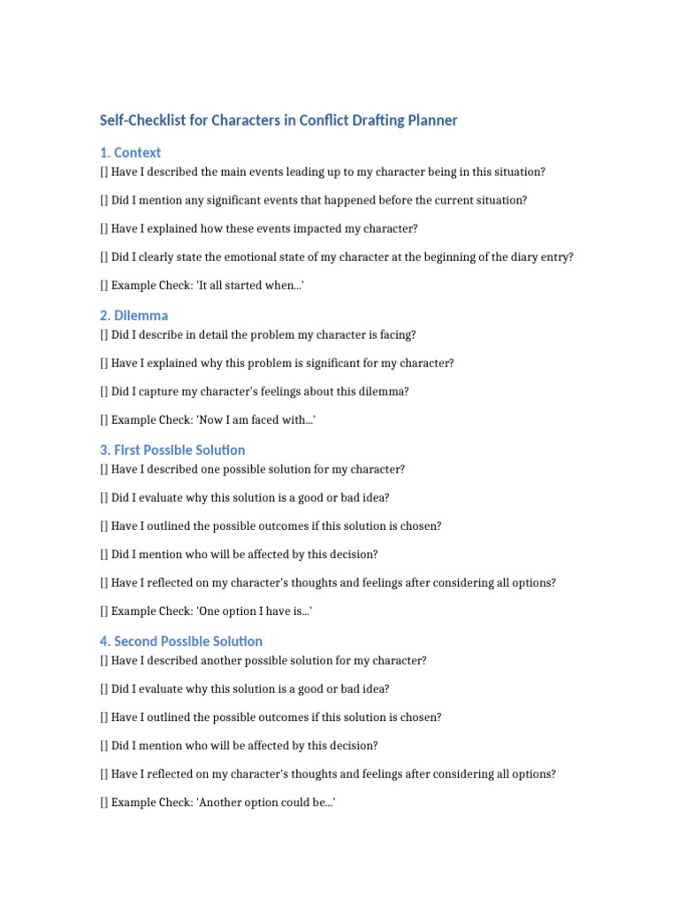 Characters in Conflicts Self Checklist | PDF
