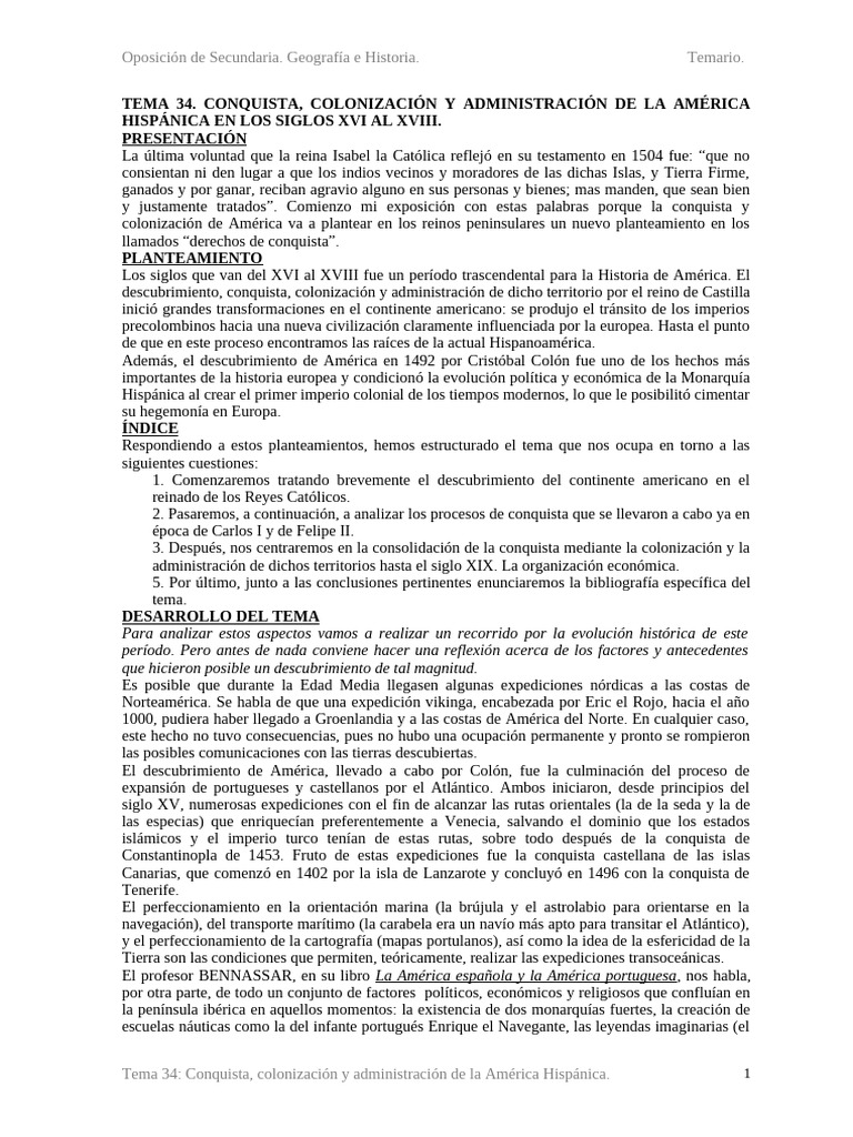 Tema 34. Conquista, Colonización y Administración de La América Hispana ...