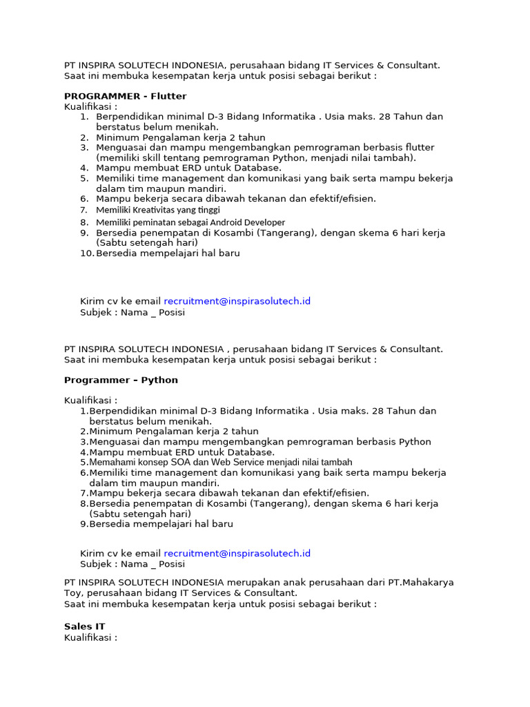 Job Posting PT Inspira Solutech Indonesia | PDF