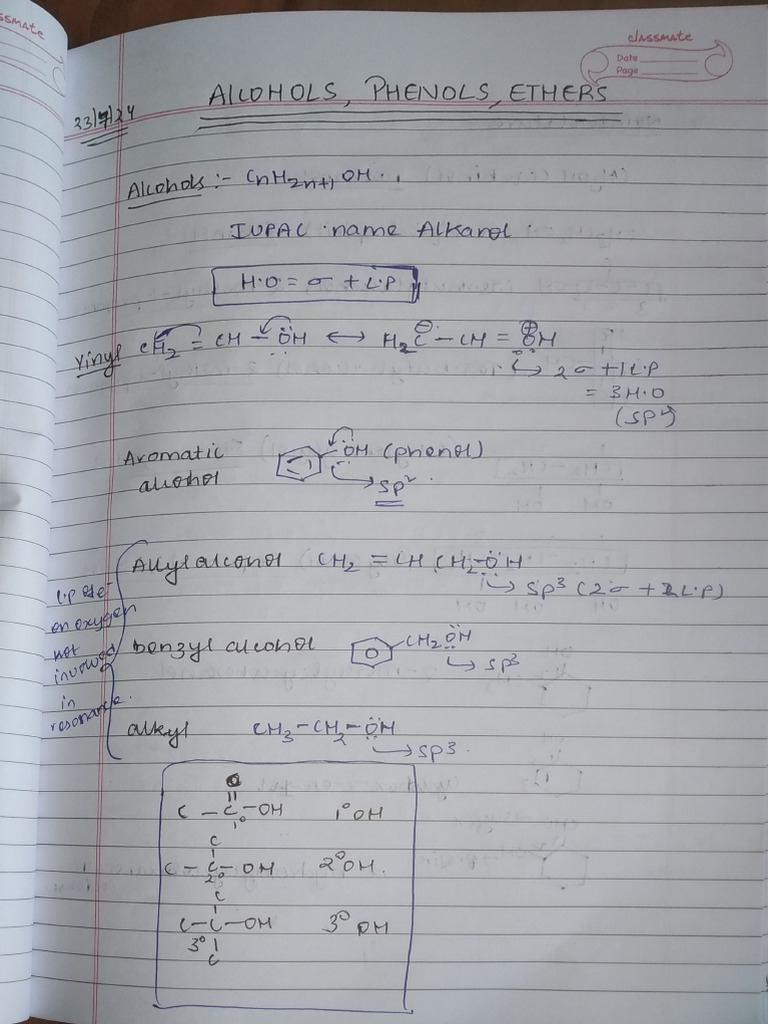 Alcohols Phenols Ethers Notes Handwritten | PDF