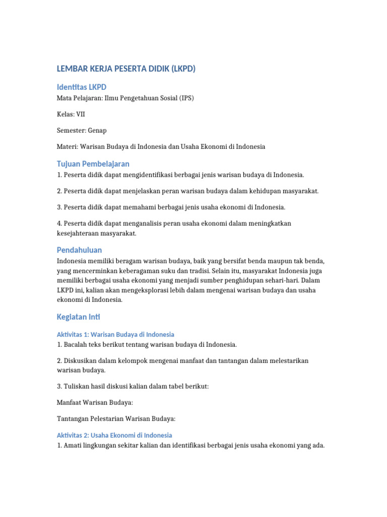 LKPD_Warisan_Budaya_dan_Usaha_Ekonomi | PDF
