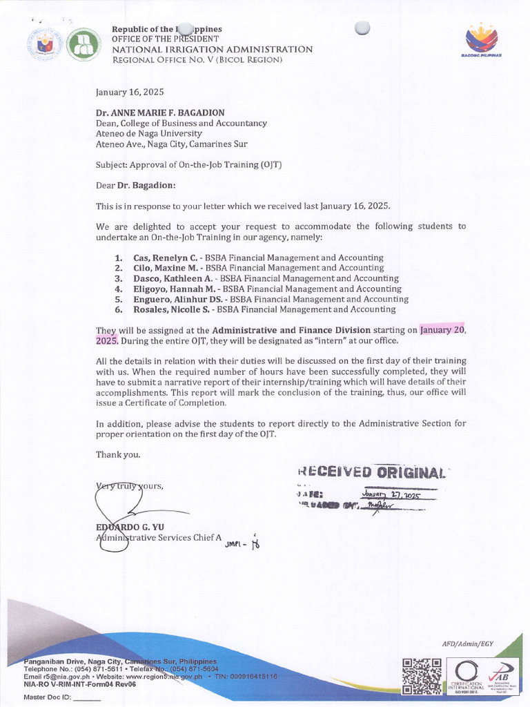 INTERN ADNU CBA 1 Approval-Letter-Letter Cas-5-Others | PDF