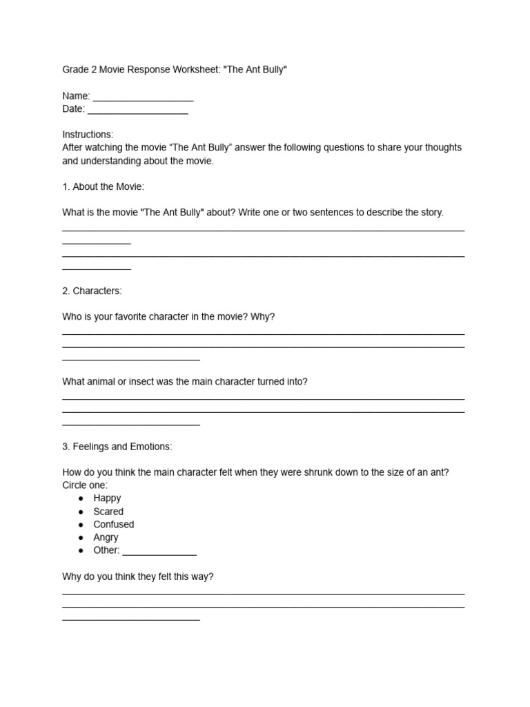 Grade 2 Ant Bully Movie Response Worksheet | PDF