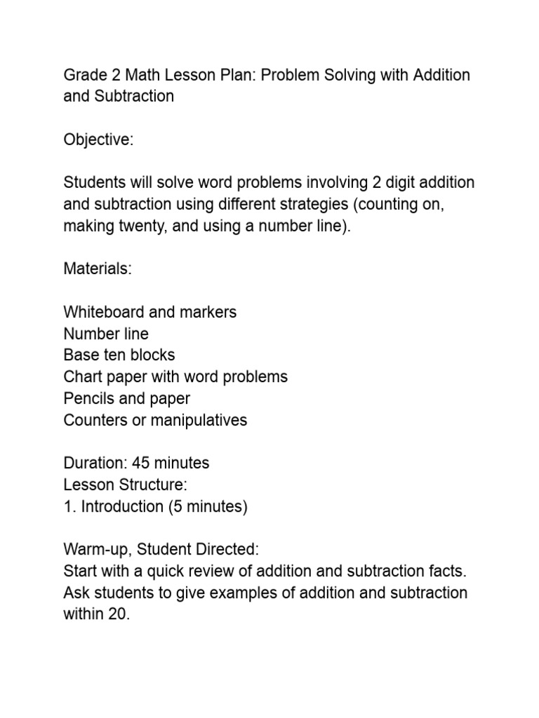 Grade 2 Math Lesson Plan - Word Problem Solving With Addition%2 | PDF ...