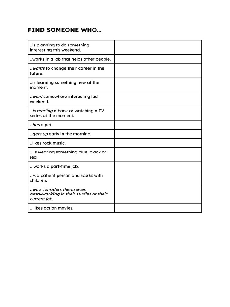 Find Someone: Weekend Activities & Interests | PDF