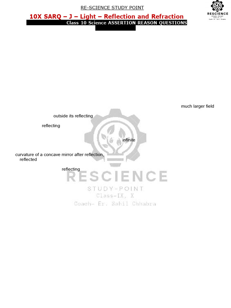 10X SARQ - J - Light - Reflection and Refraction | PDF | Mirror | Refractive Index