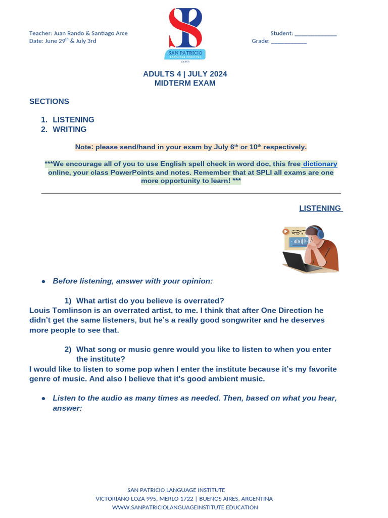 2 Midterm Exam Ad 4 - Listening & Writing | PDF