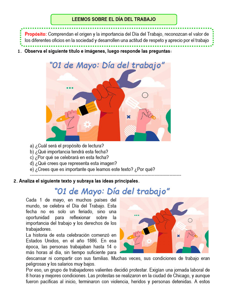 Ficha-Fecha Civica - Leemos Sobre El Día Del Trabajo | PDF