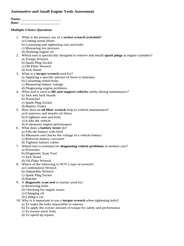 Automotive and Small Engine Tools Assessment For CO | PDF | Nut ...