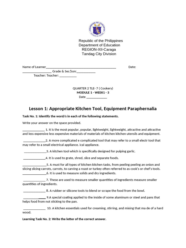 GRADE 7 TLE (Cookery) ACTIVITY SHEETS Oct.31 & Nov. 3 | PDF | Cooking | Kitchen