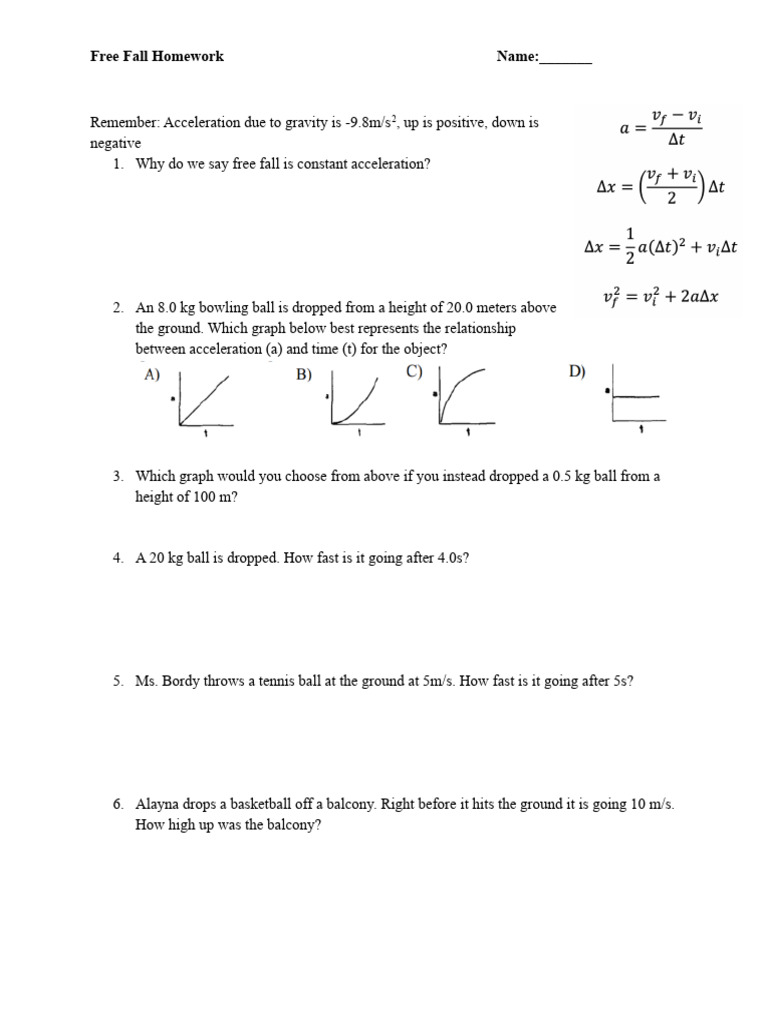 Free Fall Homework | PDF
